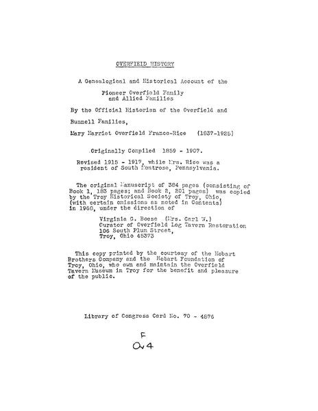 OVERFIELD: A Genealogical and Historical Account of the Pioneer Overfi ...