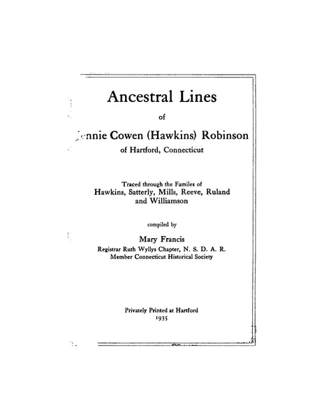 ROBINSON: Ancestral Lines of Jennie Cowen (Hawkins) Robinson of Hartfo ...