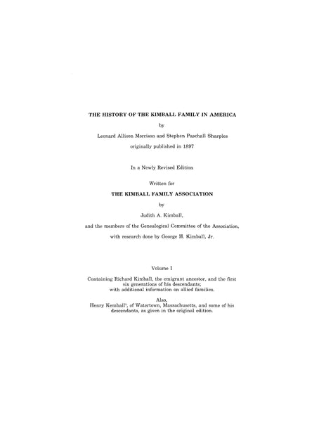 KIMBALL: History of the Kimball Family in America - Updated from the 1 ...