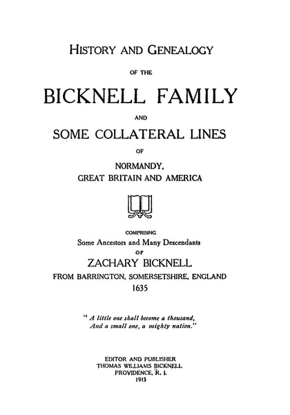 BICKNELL: History and Genealogy of the Bicknell Family – Higginson Book ...