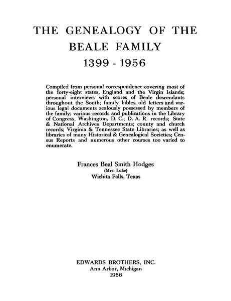 BEALE: The Genealogy of the Beale Family – Higginson Book Company, LLC